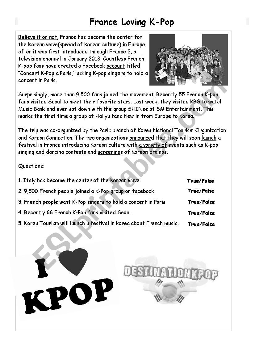 France´s love for the Korean Wave- Reading Comprehension - ESL ...