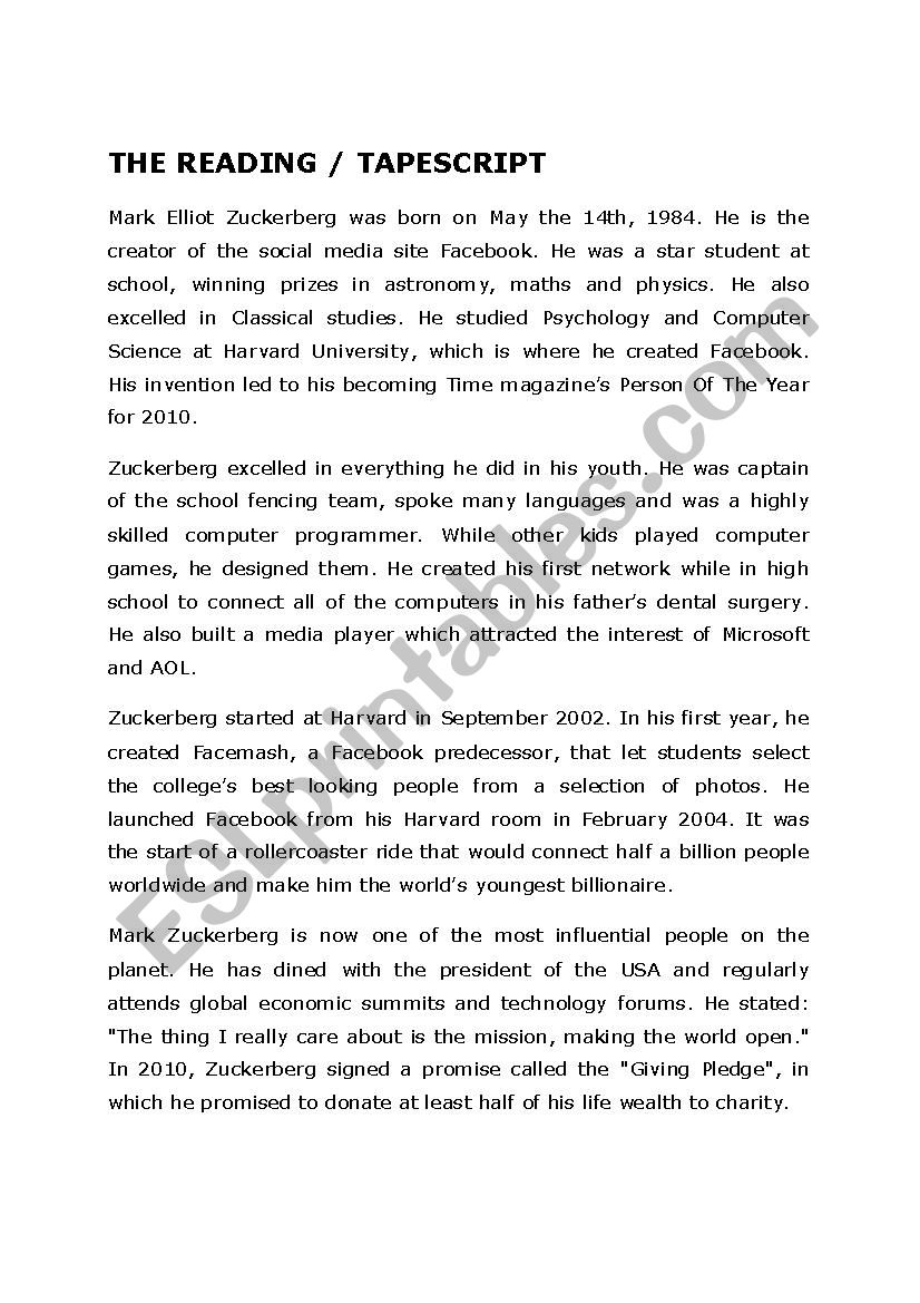Mark Zuckerberg - ESL worksheet by ocampos2512 Mark Zuckerberg - ESL worksheet by ocampos2512