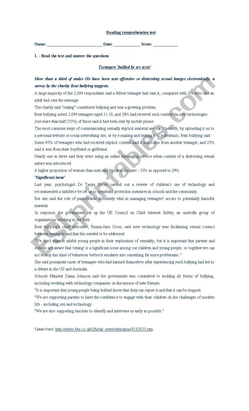Reading comprehension test: Teenagers ´bullied by sex texts´ - ESL ...