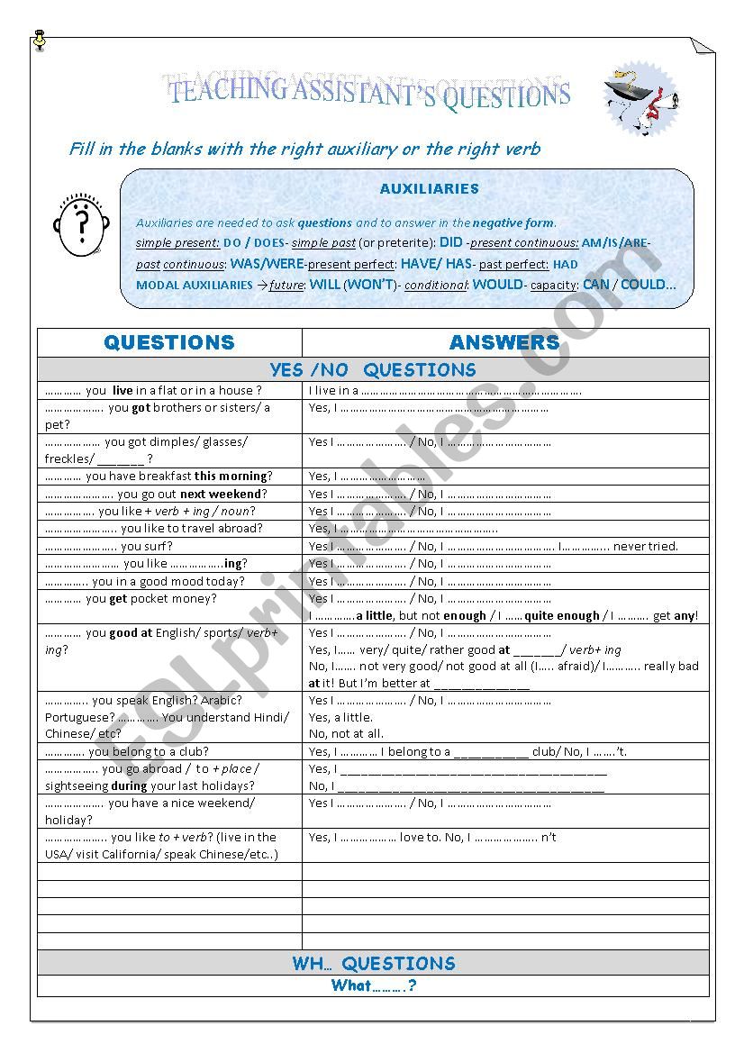 Teaching assistant´s questions - ESL worksheet by zizou