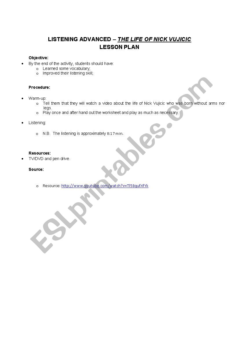 LISTENING ADVANCED â€“ THE LIFE OF NICK VUJICIC - ESL worksheet by ...