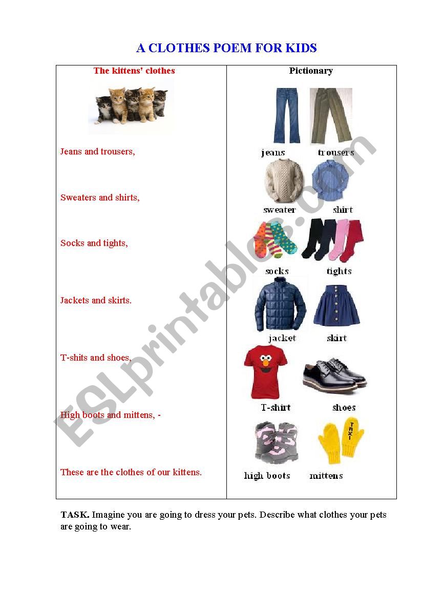 KITTENS´ CLOTHES (a poem for kids + a pictionary) - ESL worksheet by ...