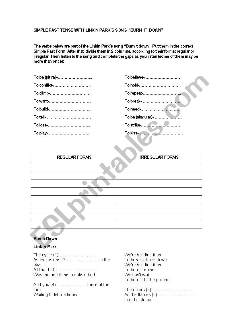 Simple Past tense with Linkin Park´s song - ESL worksheet by ivanialaguilio