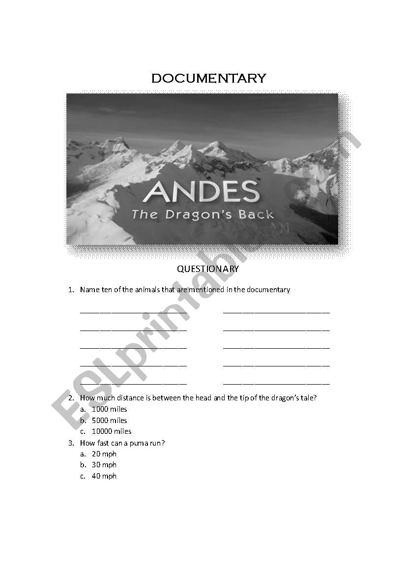 "Andes - The Dragon´s Back" - Documentary - ESL worksheet by Lilenona