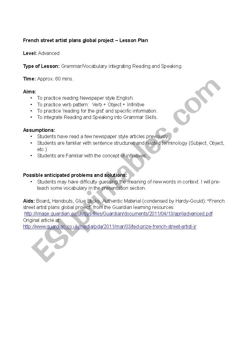 ´French street artist plans global project´ - Lesson Plan - ESL ...