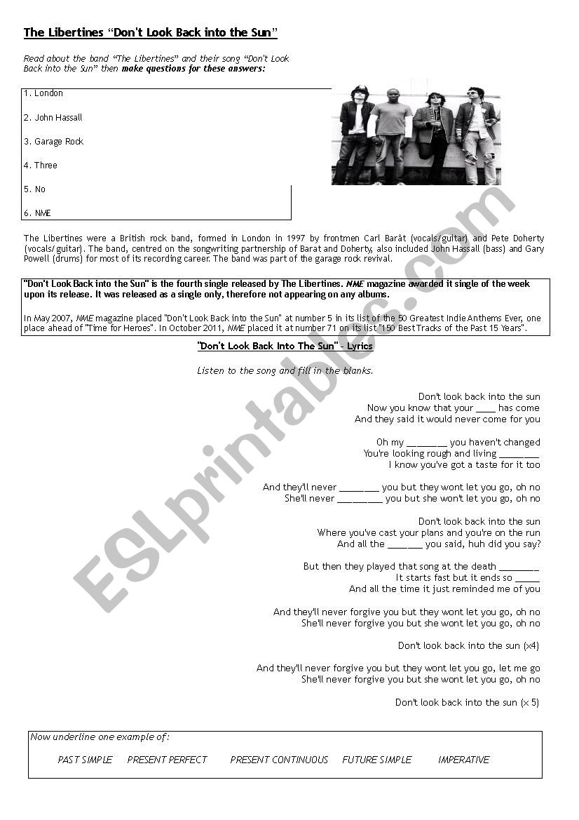 The Libertines - Don´t Look Back Into the Sun - ESL worksheet by SidWolf