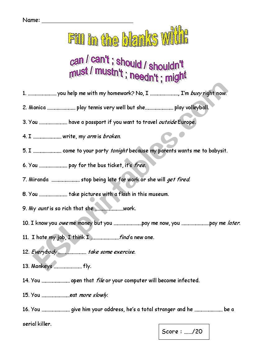 Modals can/can´t ; must/mustn´t ; need ; might - ESL worksheet by ...