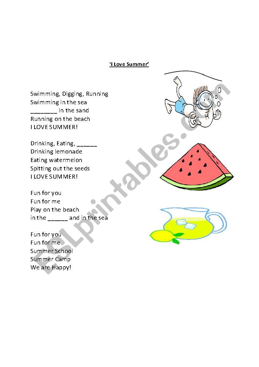 ´I Love Summer´ - YouTube Song - ESL worksheet by josh41