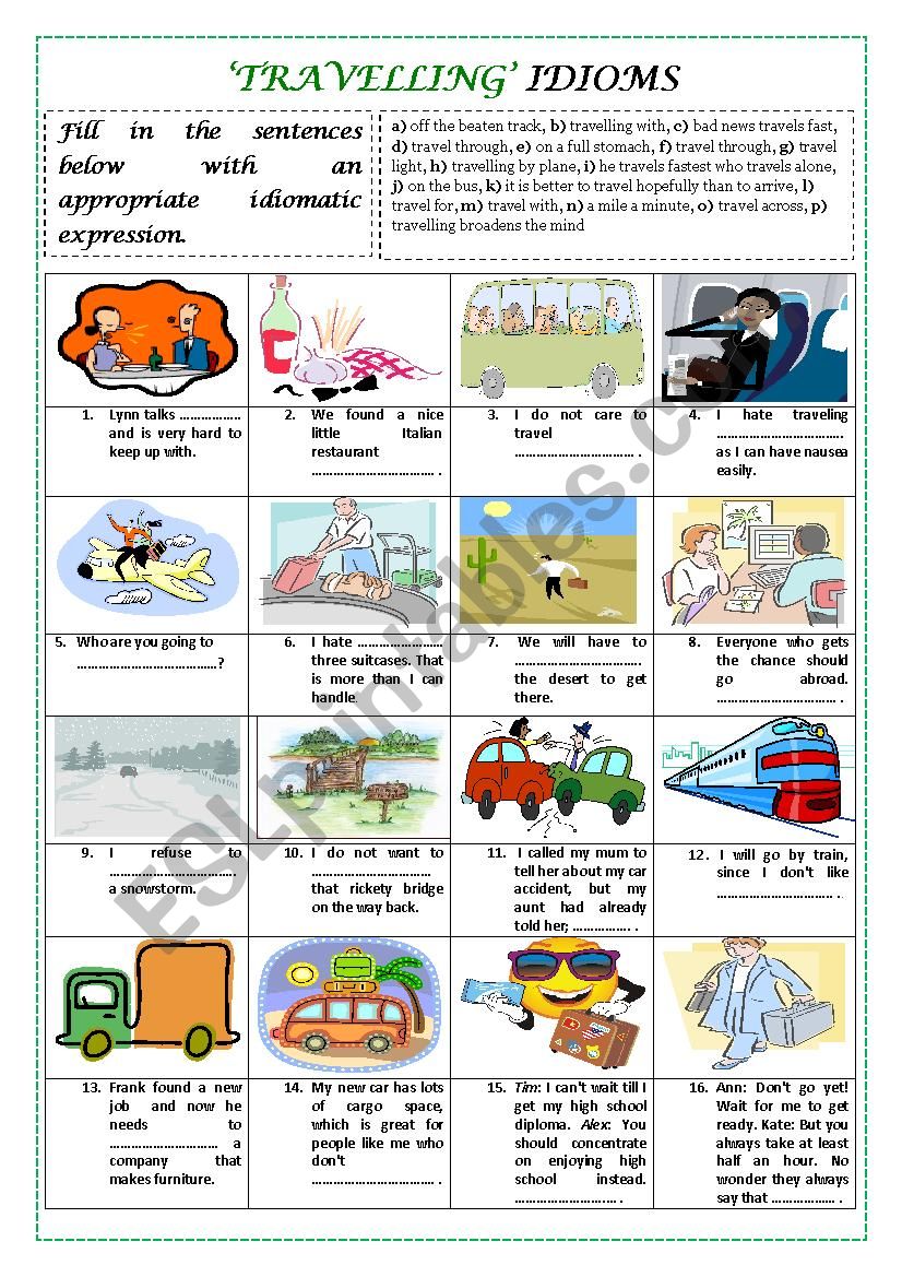 ´TRAVELLING´ IDIOMS (with key) - ESL worksheet by alexcure