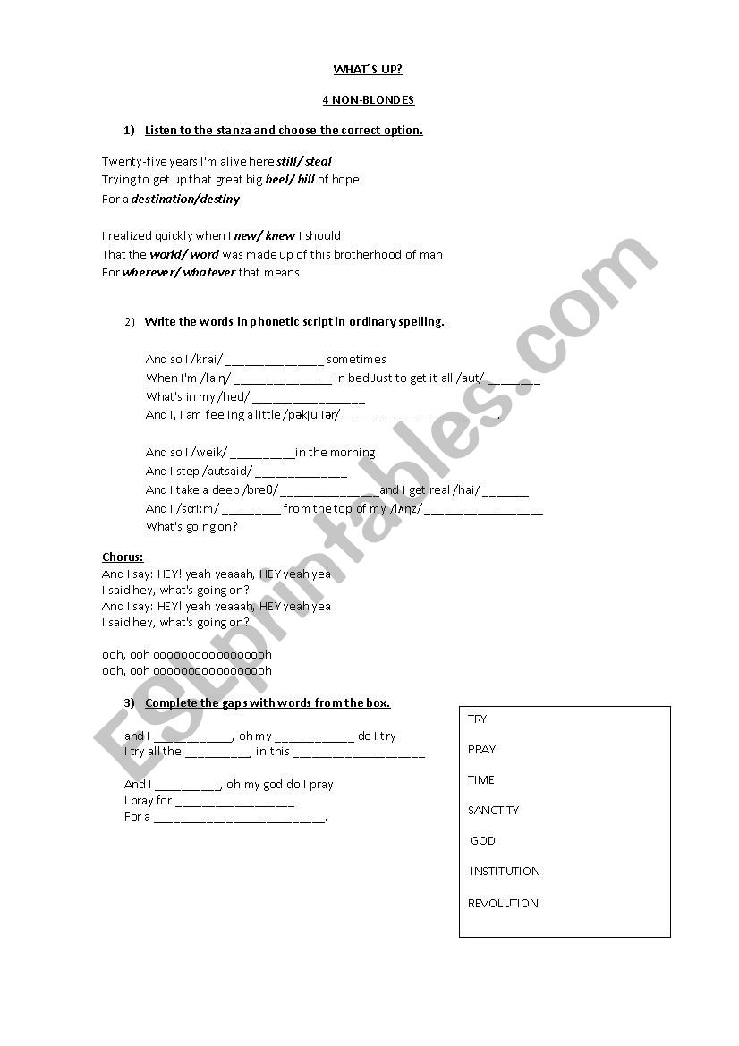 Song: What´s Up (4 Non- blondes) - ESL worksheet by naah
