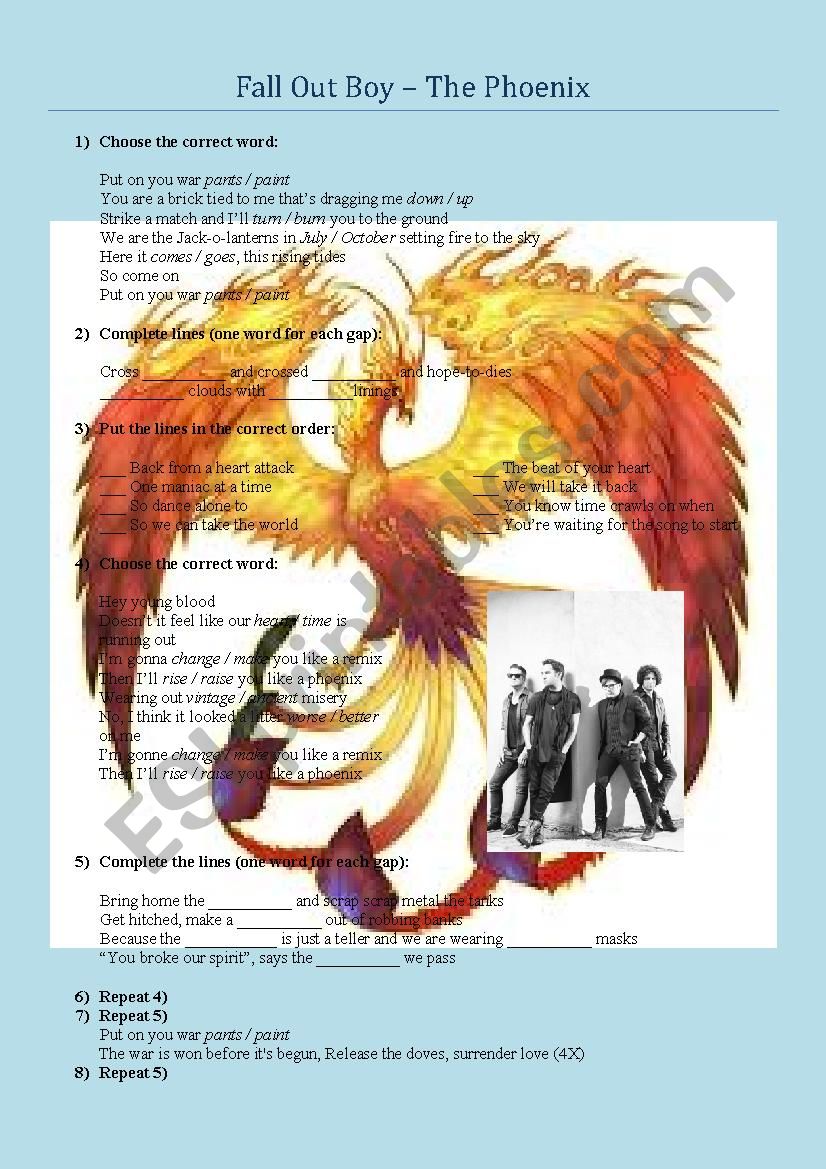Fall Out Boy – The Phoenix - ESL worksheet by janyx