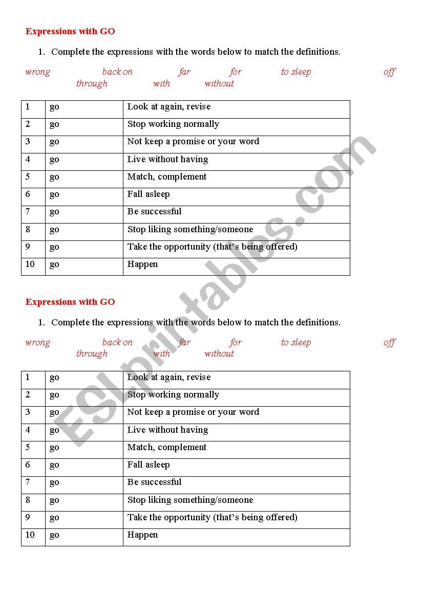 Expressions with verb ´go´ - ESL worksheet by Ksunius