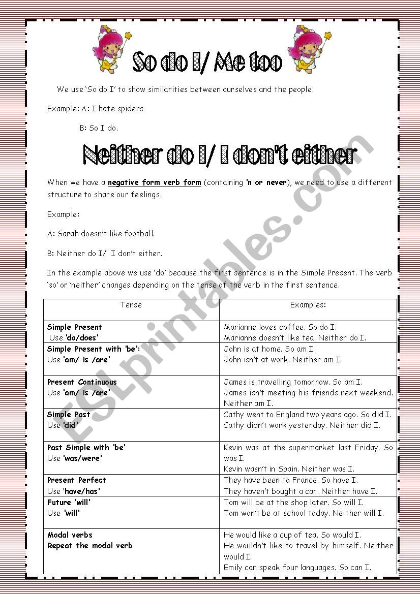 So DO I/ME TOO- NEITHER DO I- I DON´T EITHER - ESL worksheet by Jessisun
