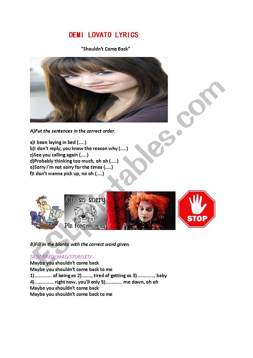 Demi Lovato-Shouldn´t come back song worksheet - ESL worksheet by the ...