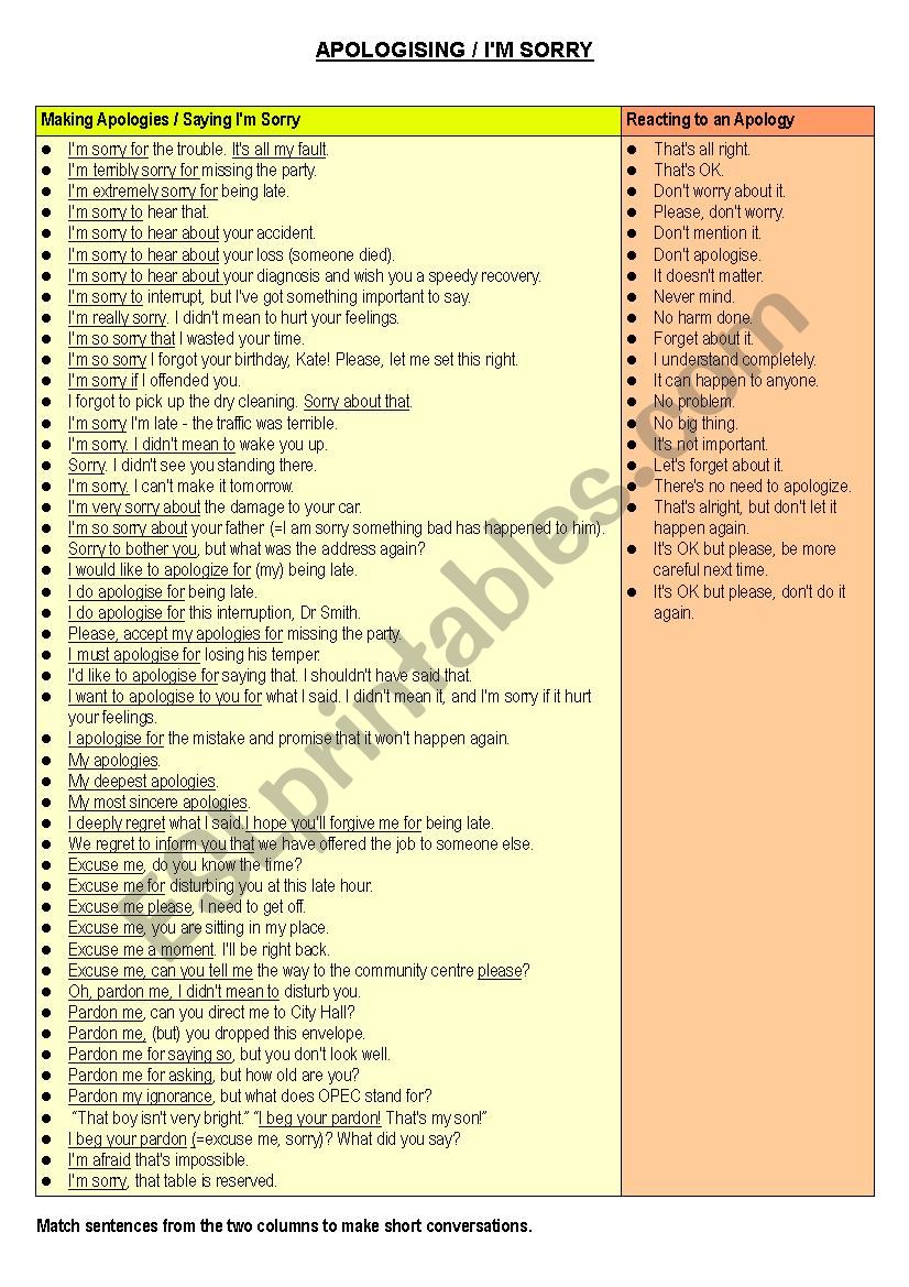 APOLOGISING / I´M SORRY - ESL worksheet by Akari