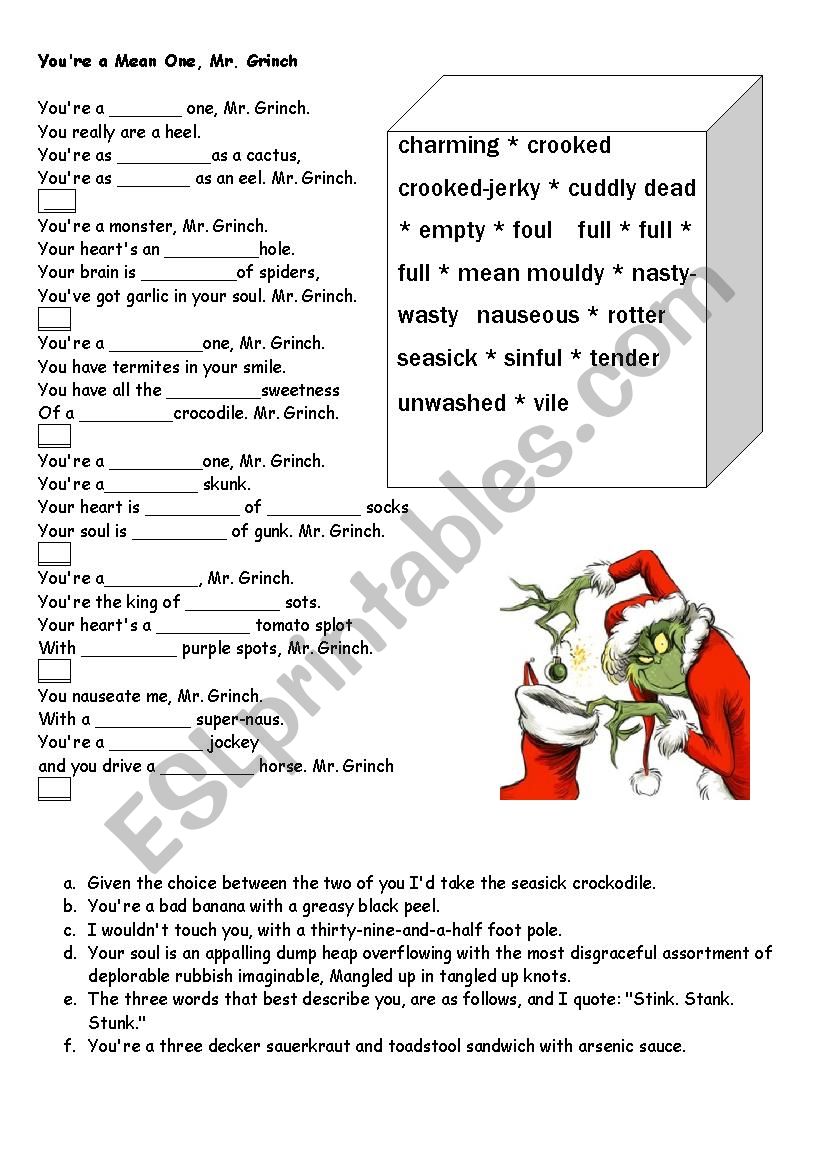 You´re a Mean one Mr. Grinch (match and gaps) - ESL worksheet by rena.corfu