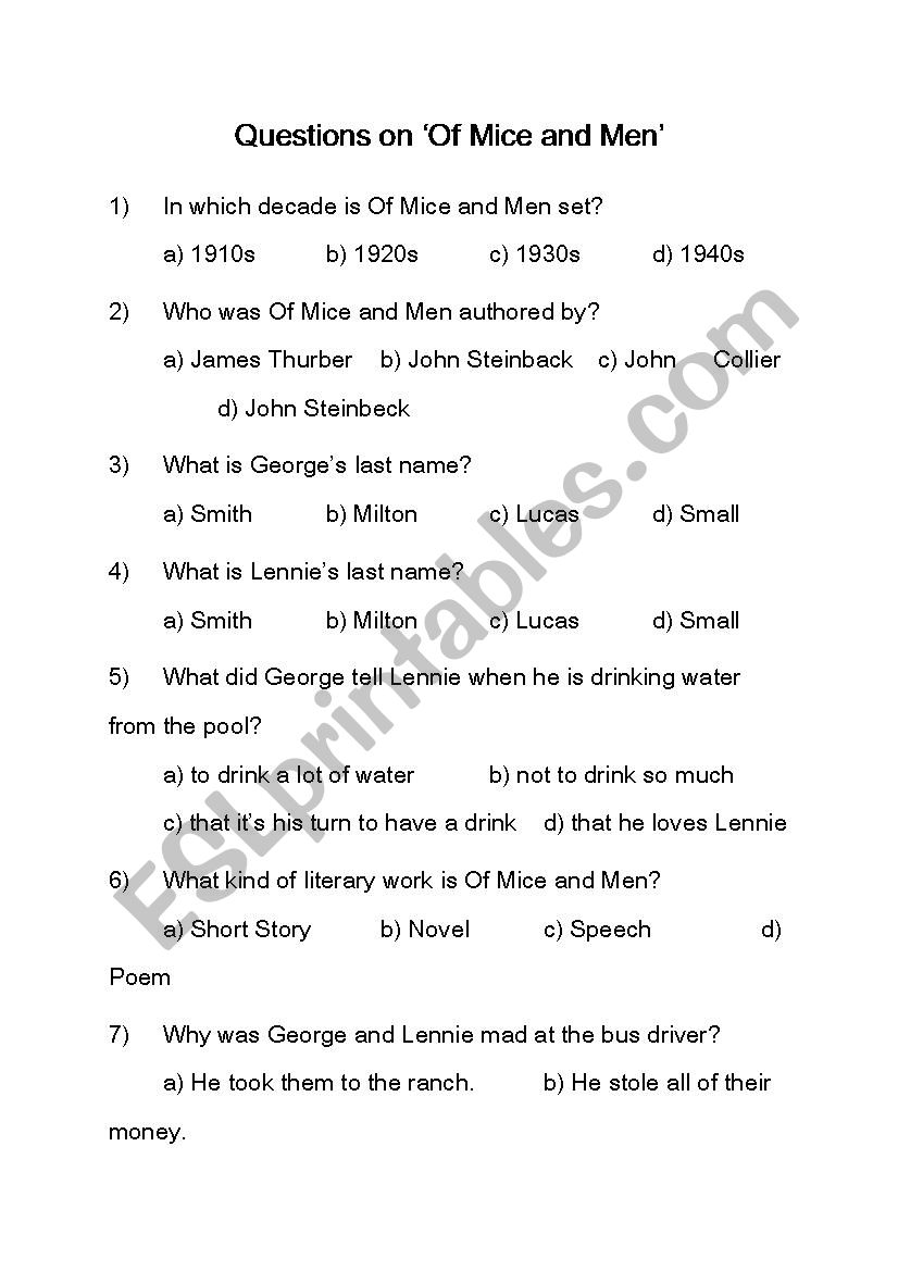 Questions on ´Of Mice and Men´ - ESL worksheet by Rakkhun1350