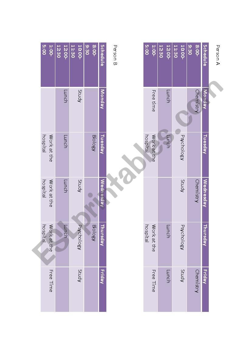 SarahÂ´s Schedule Information Gap - ESL worksheet by kharosheeyozhek