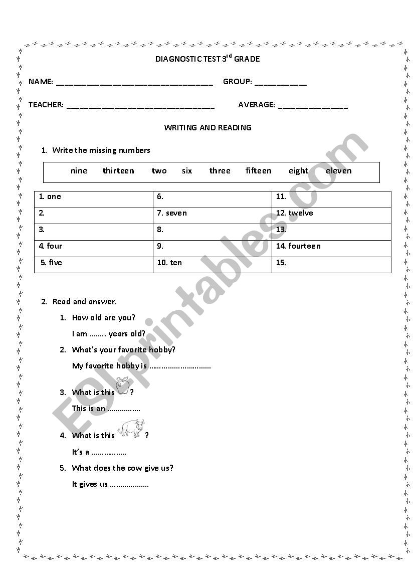 Diagnostic Test 3rd Grade ESL Worksheet By Isabel Queen