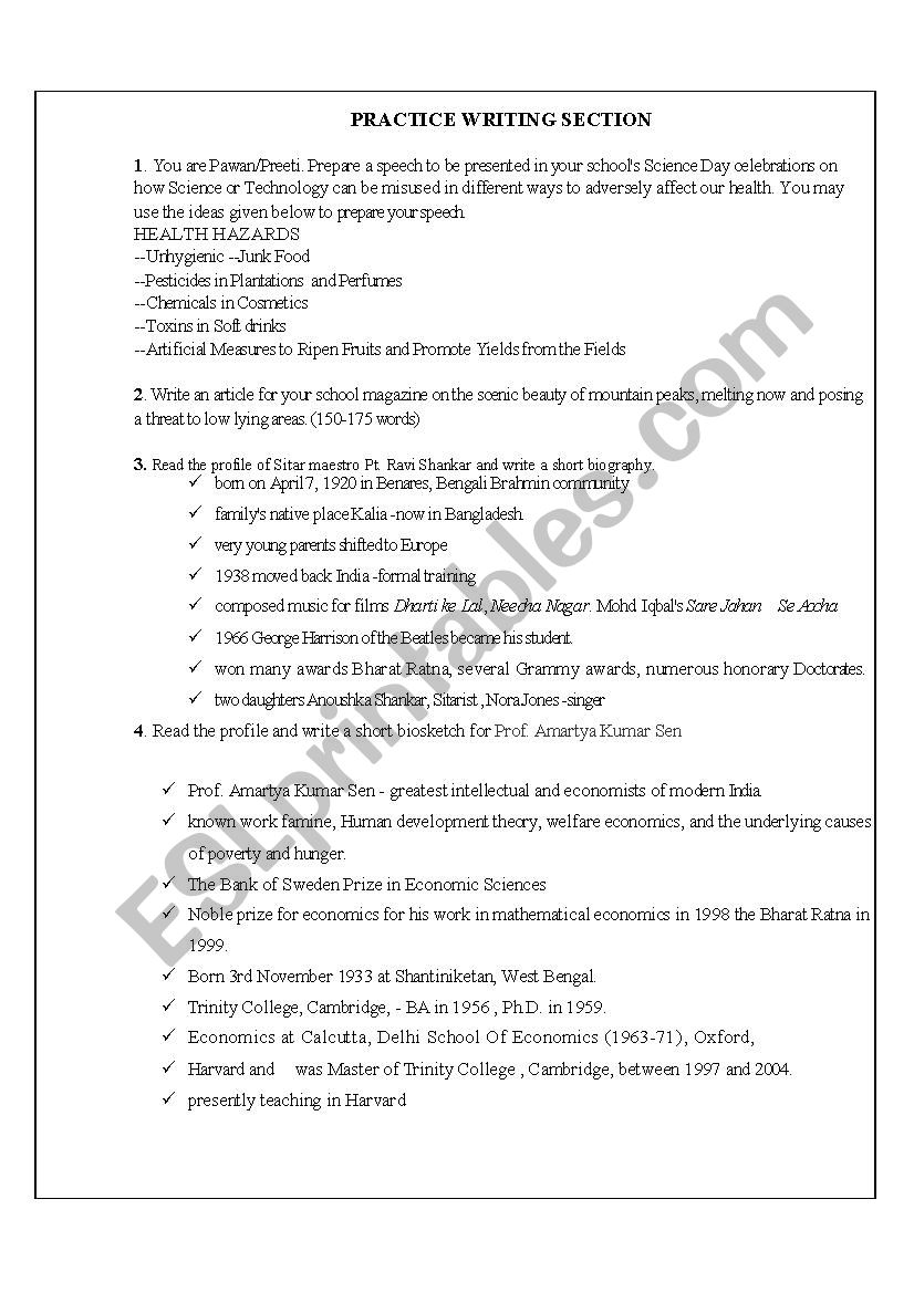 WRITING SECTION - ESL worksheet by vinnymaneesh WRITING SECTION - ESL worksheet by vinnymaneesh