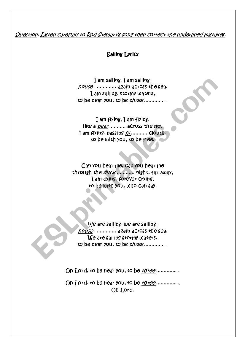 Let´s listen to a song: Sailing of Rod Stewarts - ESL worksheet by ...