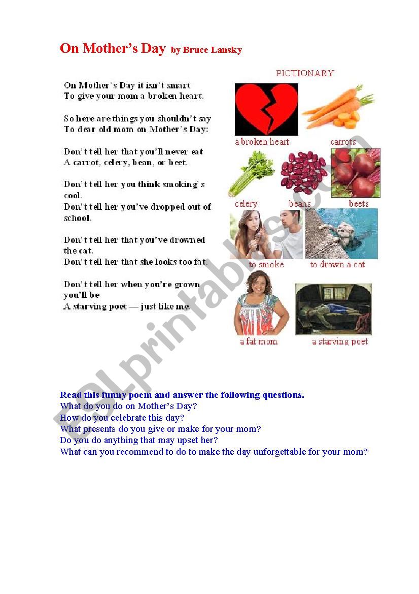MOTHER´S DAY ( a poem + a pictionary) - ESL worksheet by korova-daisy