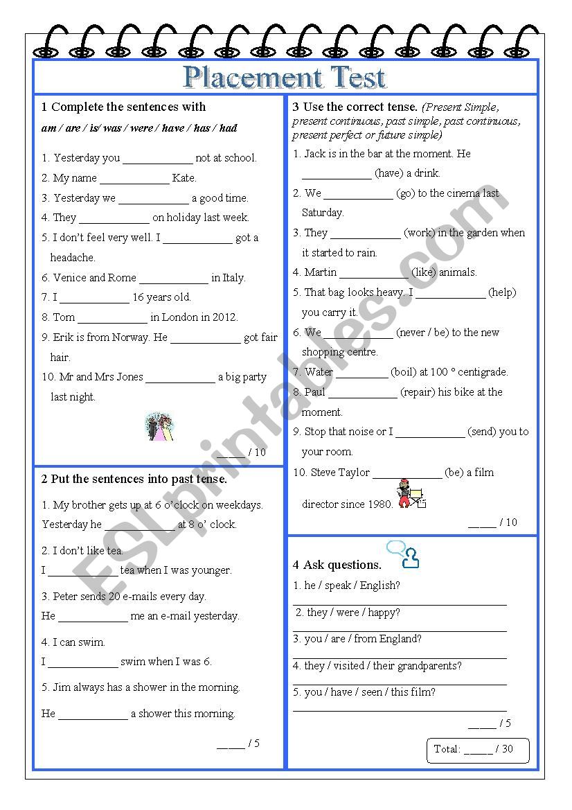 Placement Diagnostic Test ESL Worksheet By Eve25