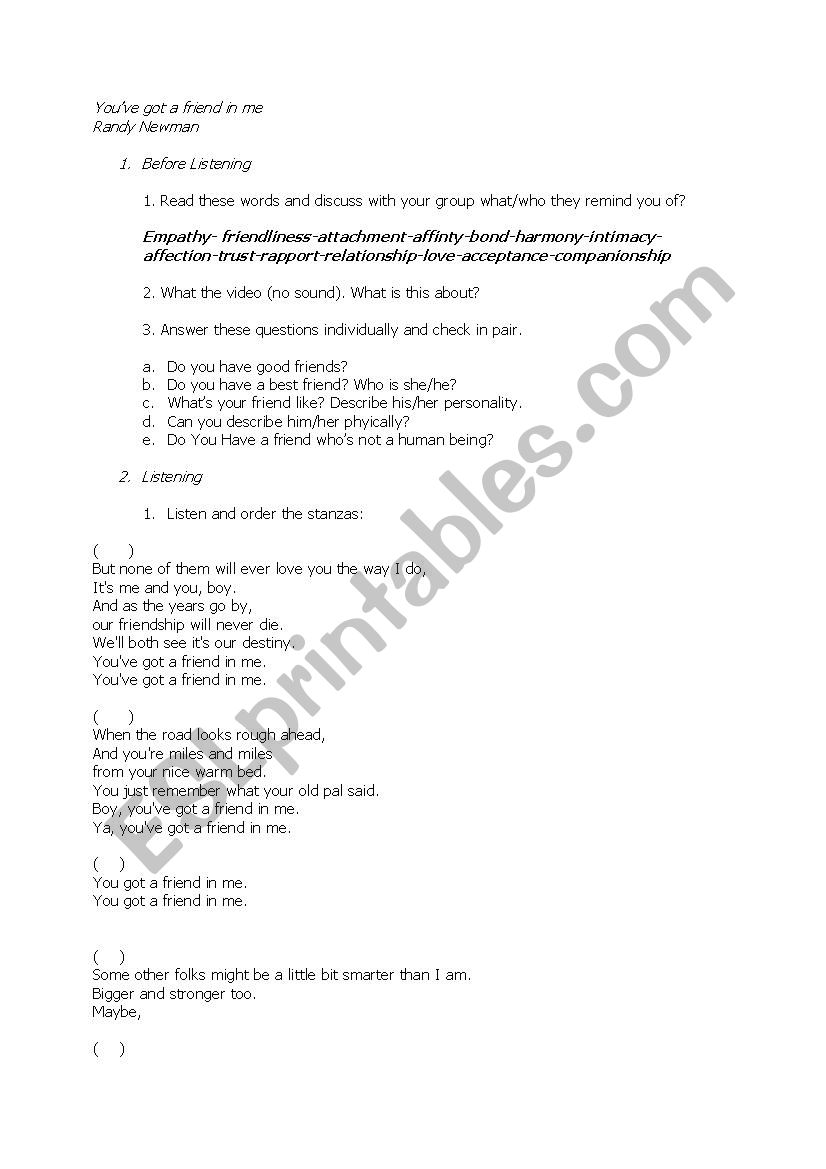 You´ve got a friend in me - ESL worksheet by mimica-chan