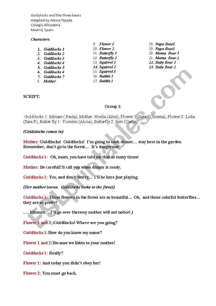 Script Goldilocks - ESL worksheet by diversificacionalhucema@gmail.com