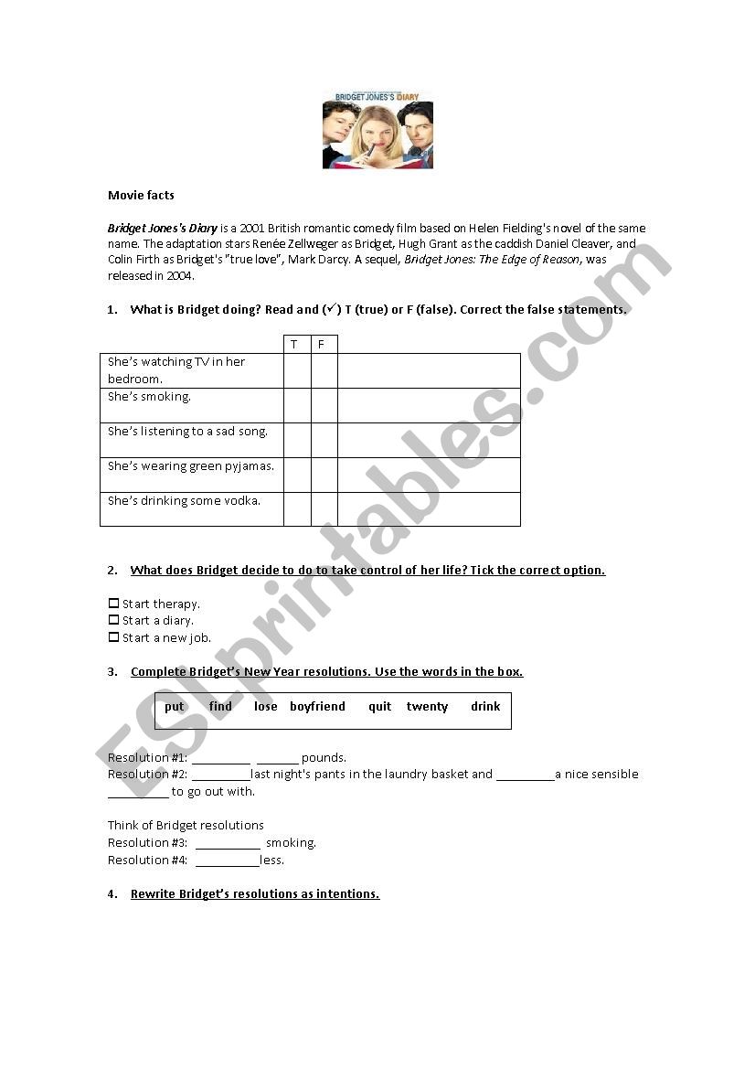Bridget Jones´ Diary - ESL worksheet by cecy_81
