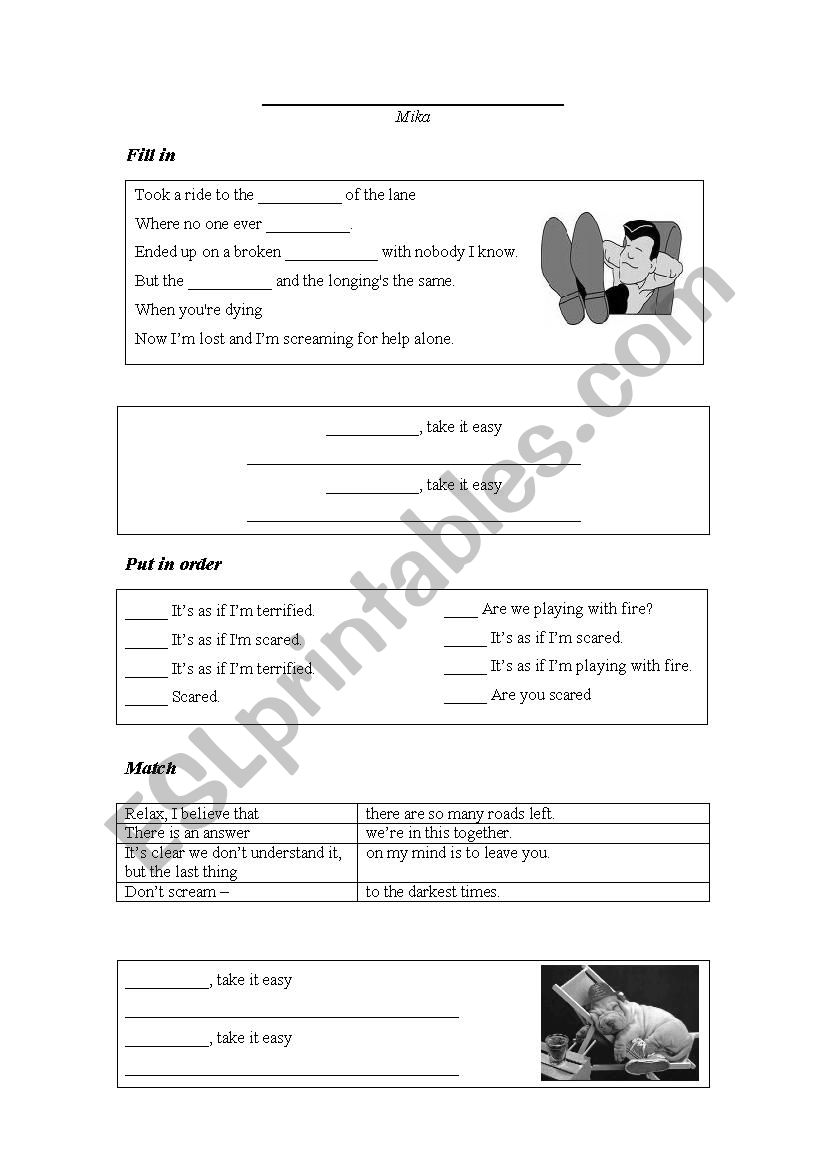 ´Relax, take it easy´ song lesson - ESL worksheet by lizzy113