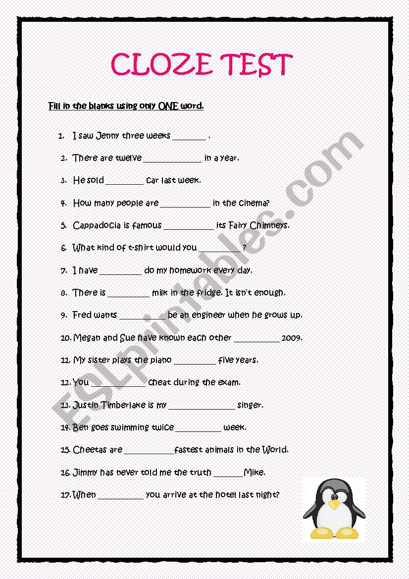 Cloze Test ESL Worksheet By Berna