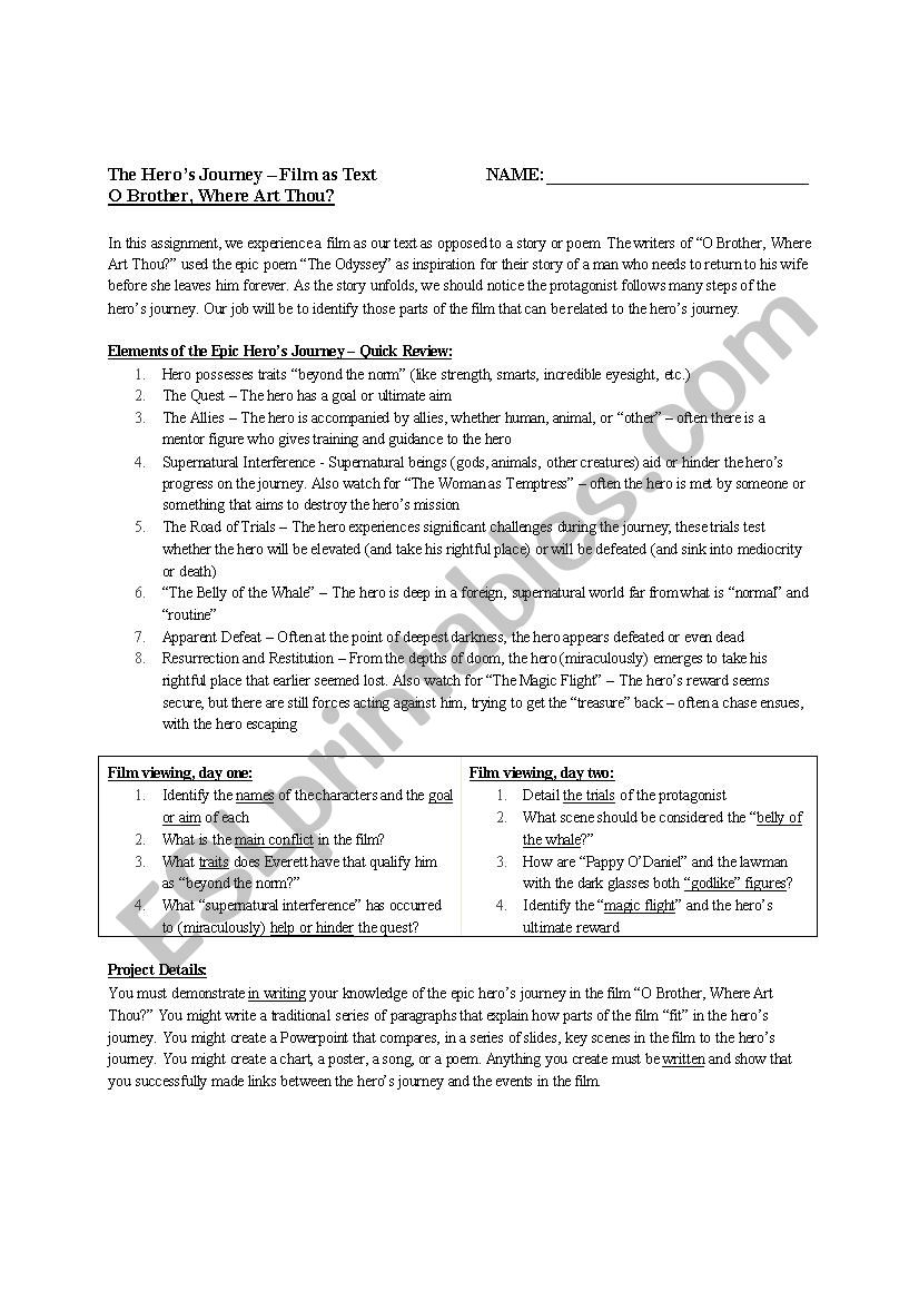 O´Brother Where Art Though - Hero Project - ESL worksheet by ssseason7