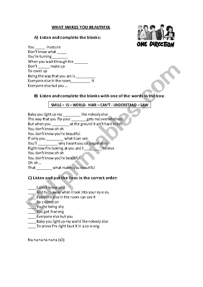 What makes you beautiful - One Direction - ESL worksheet by jlopes