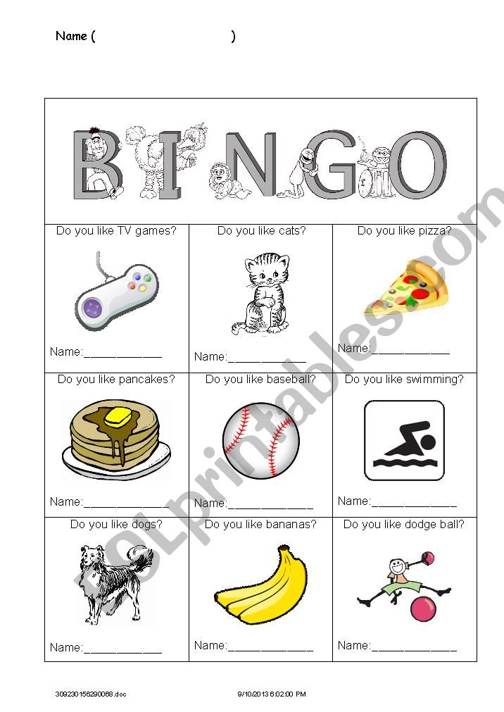 Elementary Bingo: Do you like ____? - ESL worksheet by tokyojihen1