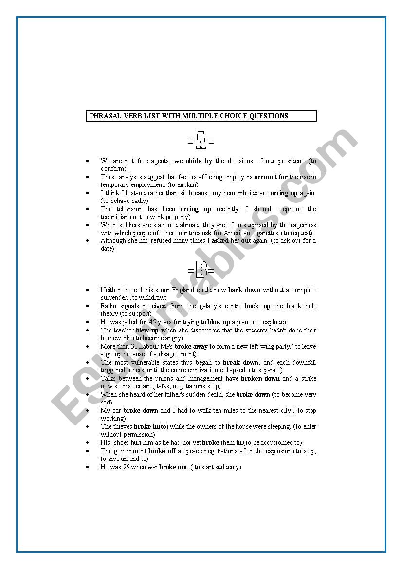Phrasal Verb List with Multiple Choice Questions - ESL worksheet by ... Phrasal Verb List with Multiple Choice Questions - ESL worksheet by ...