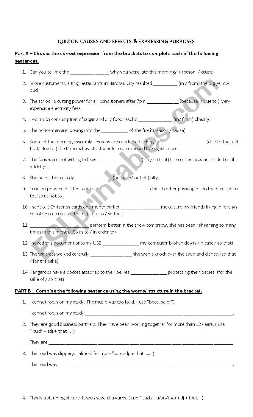 Quiz On Cause And Effect ESL Worksheet By Jojobalau