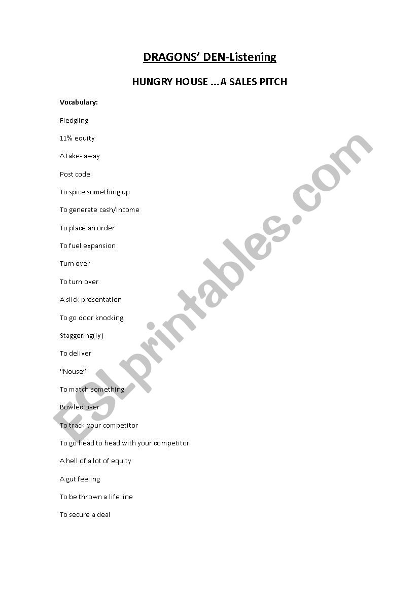 DRAGONSâ€™ DEN-Listening - ESL worksheet by petemcclave