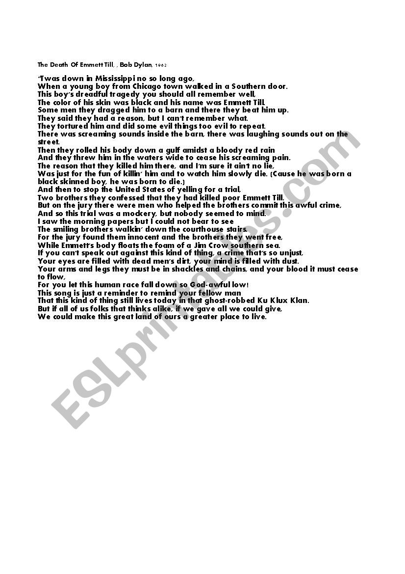 Death Of Emmett Till Bob Dylan Esl Worksheet By Goochie