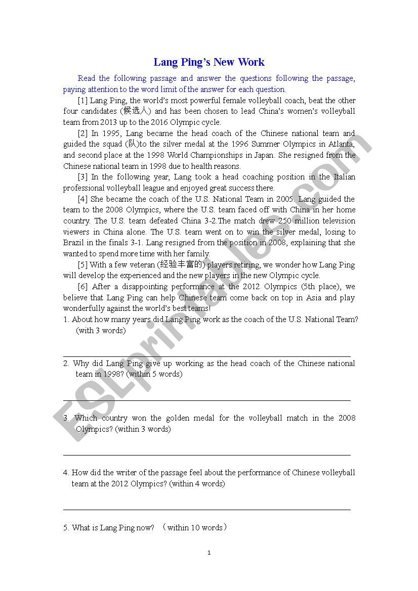 Lang Ping¡¯s New Work - ESL worksheet by yztcg2002