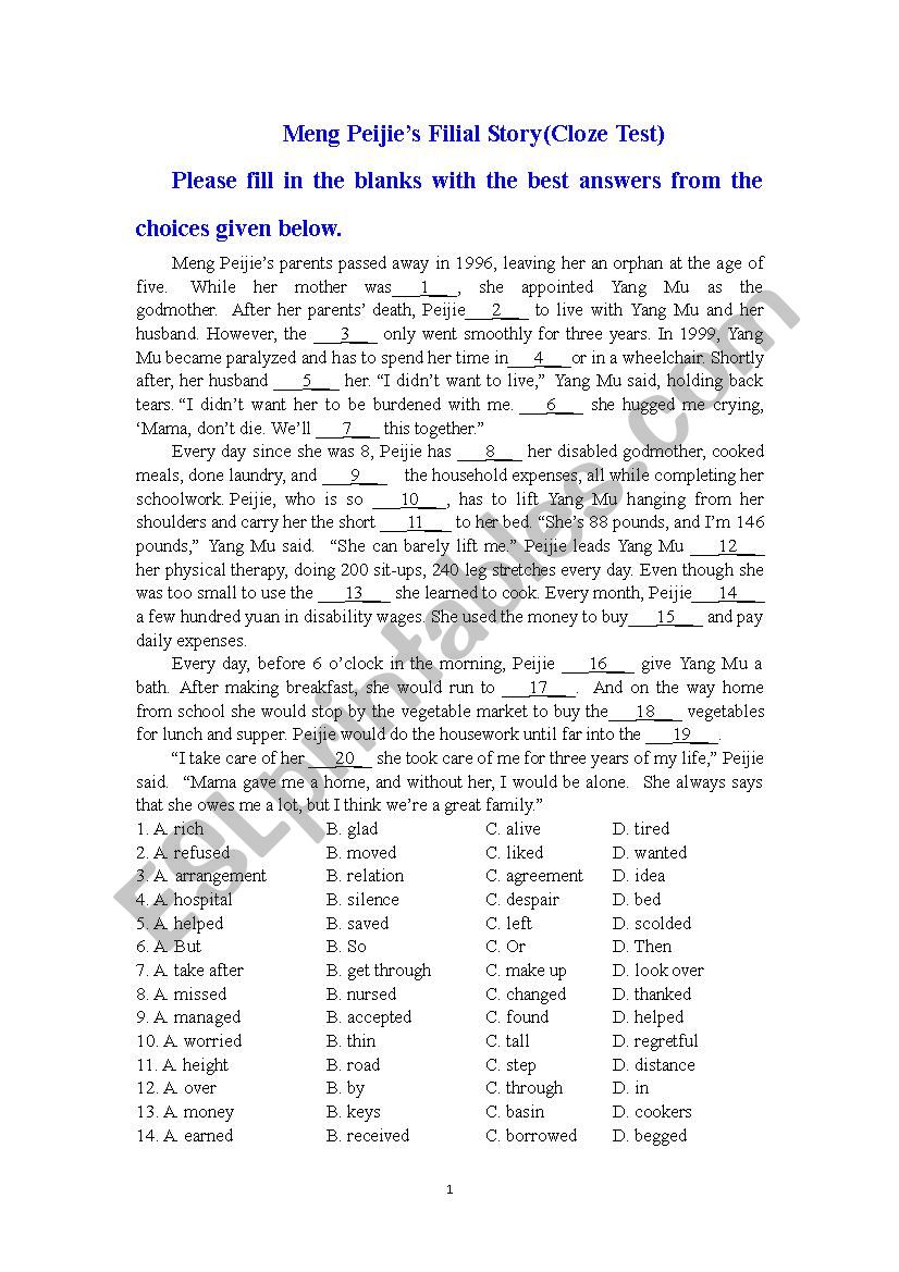 Meng Peijie¡¯s Filial Story(Cloze Test) - ESL worksheet by yztcg2002