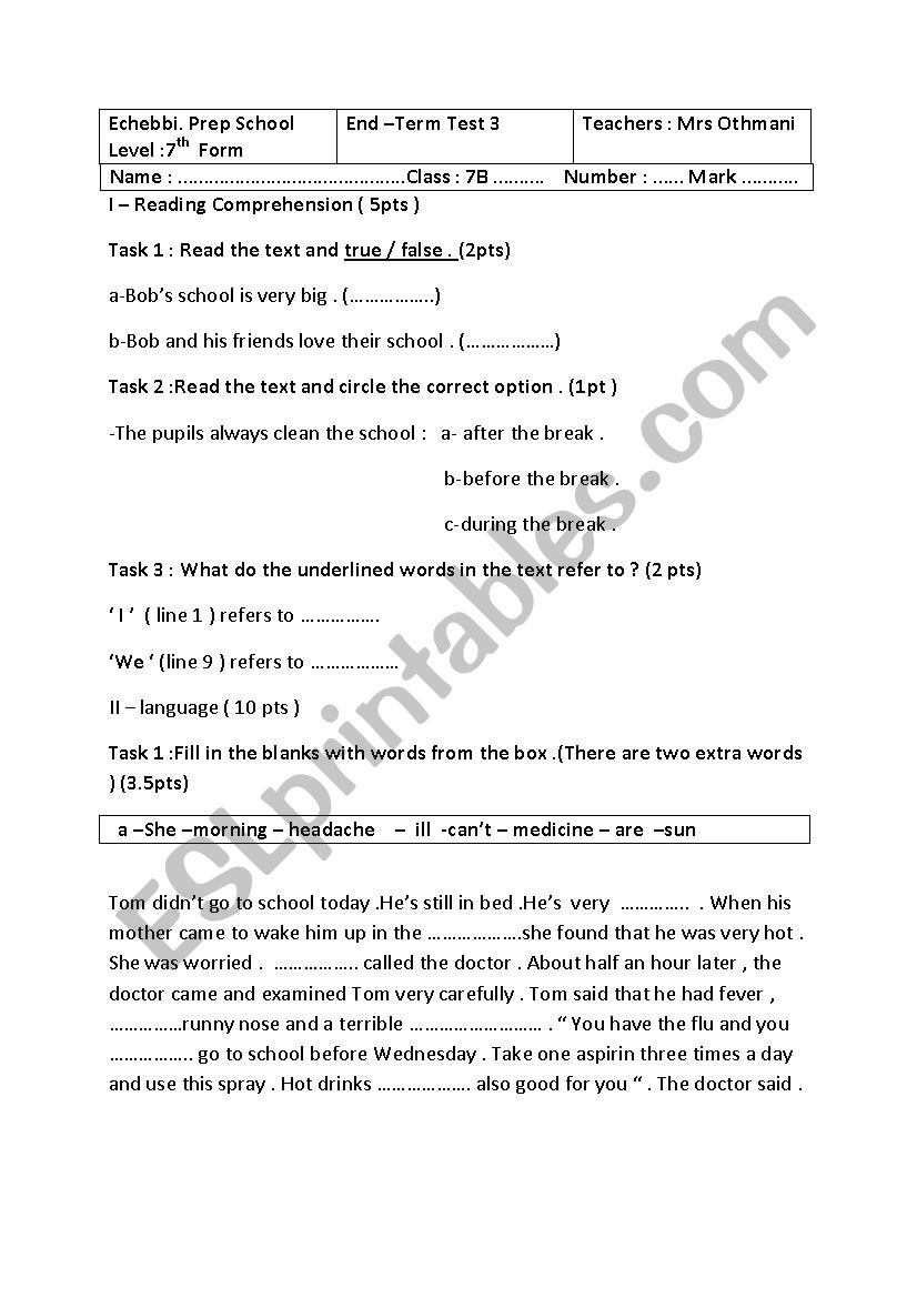 End-Term TEST 3 - ESL worksheet by karima maili End-Term TEST 3 - ESL worksheet by karima maili