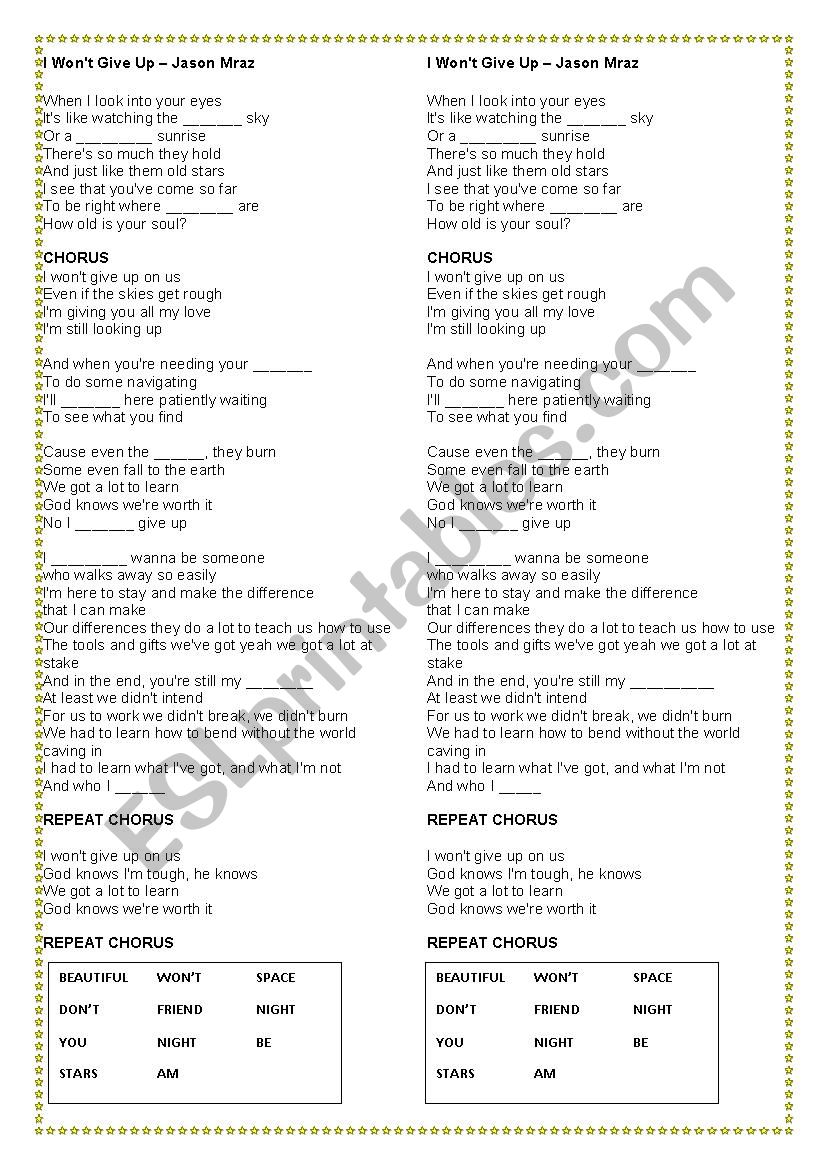 I won´t give up - Jason Mraz - ESL worksheet by bruhboaretto