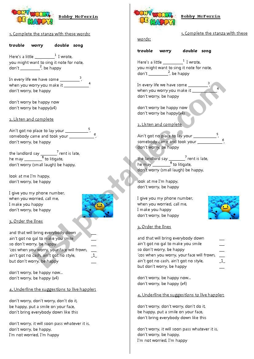 Don´t worry! Be happy! - ESL worksheet by karigarfa