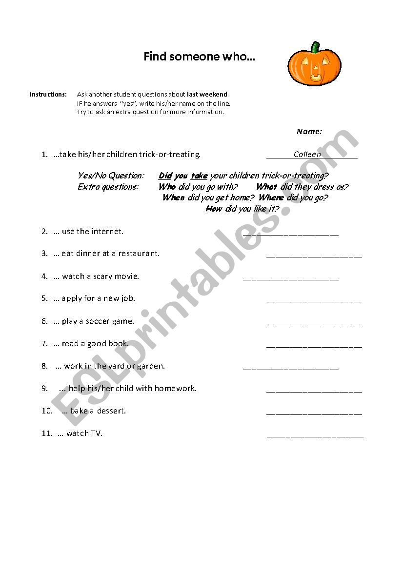 Find Somone Who -past simple practice - ESL worksheet by ColleenS