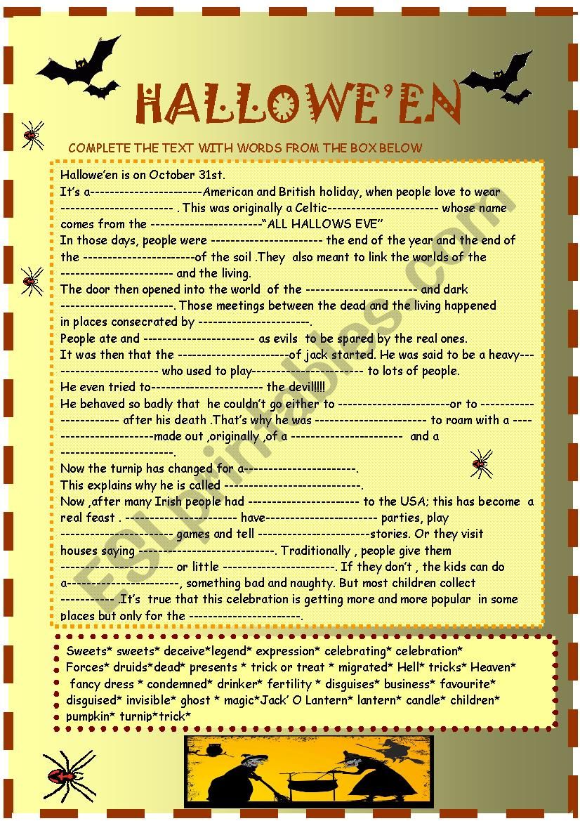 Hallowe´en , text to complete - ESL worksheet by spied-d-aignel