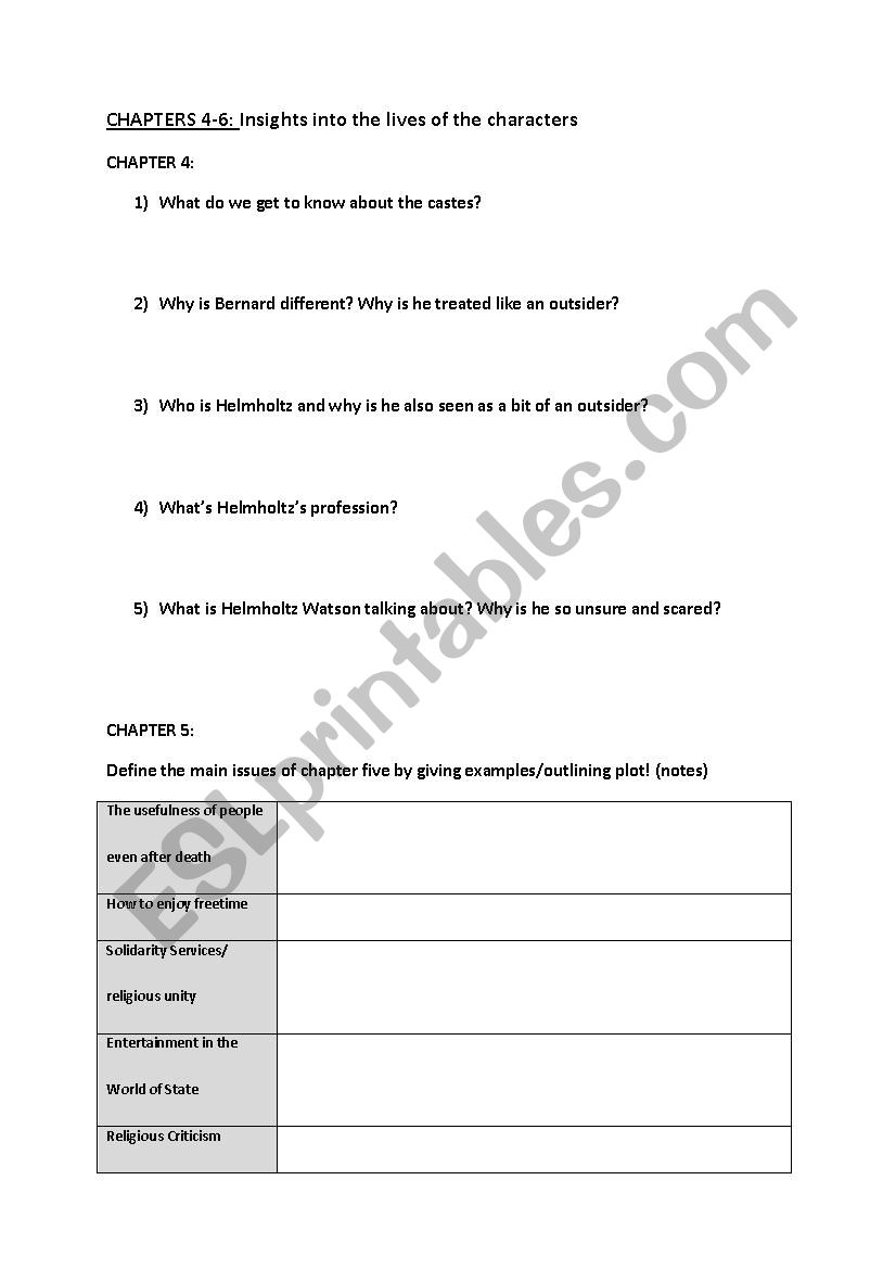 Brave New World Worksheets