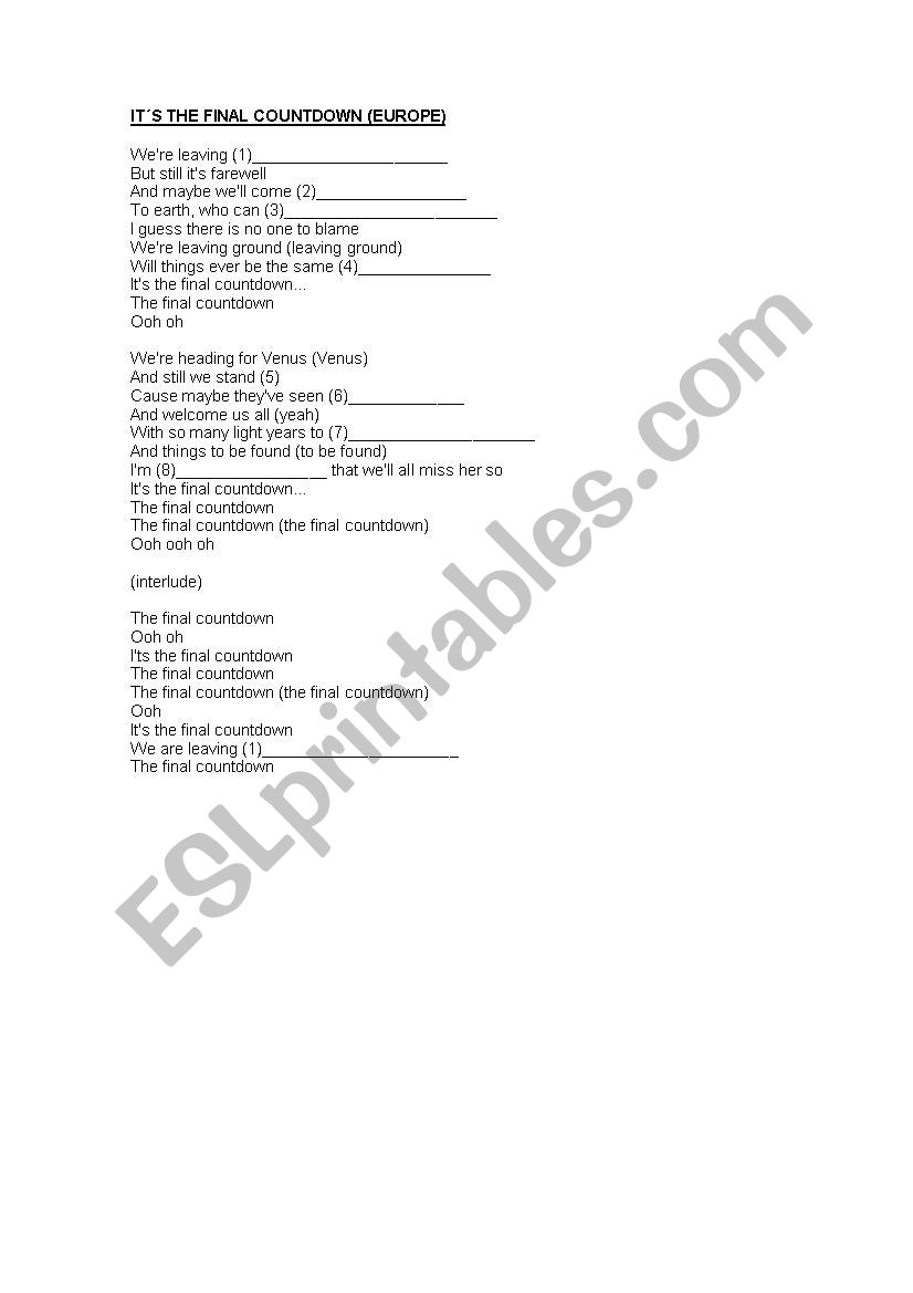 it´s the final countdown song - ESL worksheet by nani26