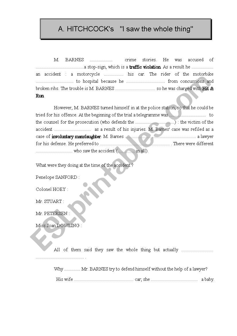 Hitchcock´s I saw the whole thing (overview) - ESL worksheet by hemonin