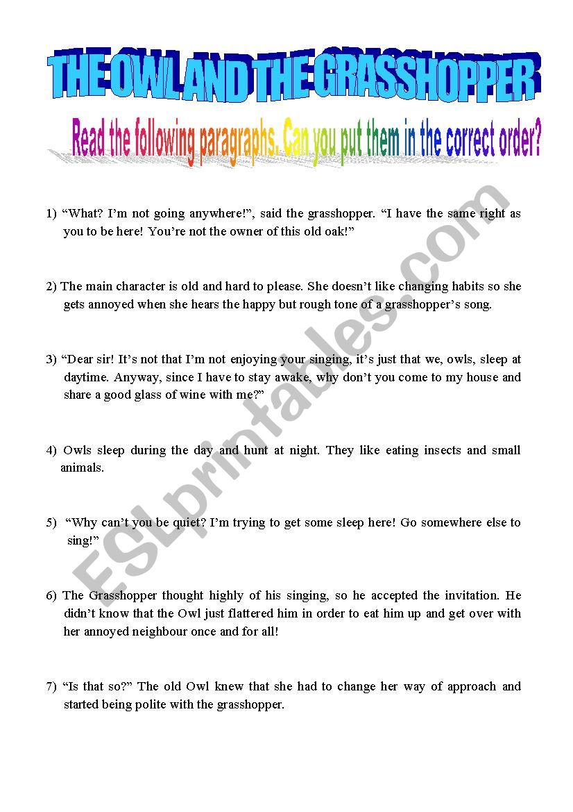 Aesop´s fable, The Owl and the Grasshopper paragraph reordering and ...